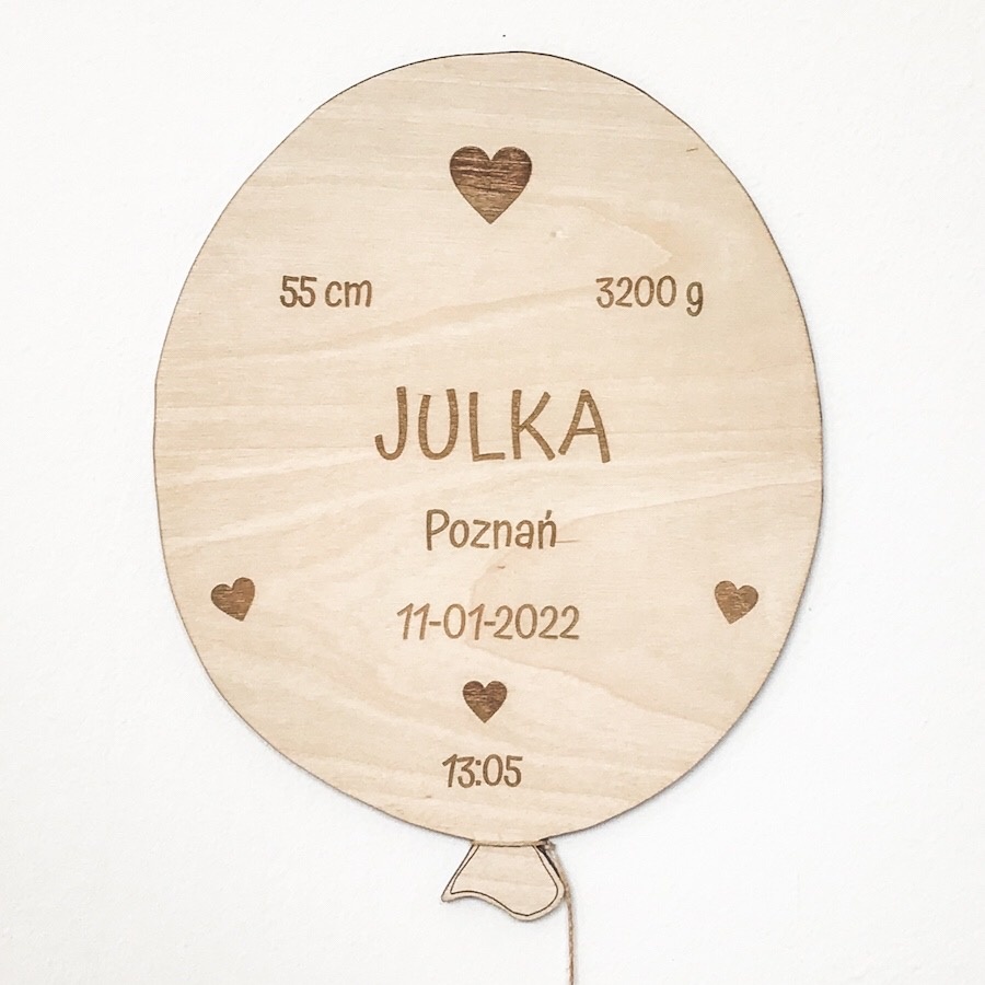 Personalizowana Metryczka drewniana na ścianę BALONIK + JEDNOROŻEC ...